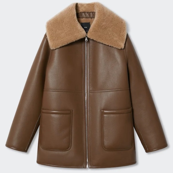 Mango | Jackets & Coats | Nwt Mango Oversized Brown Leather Shearling ...